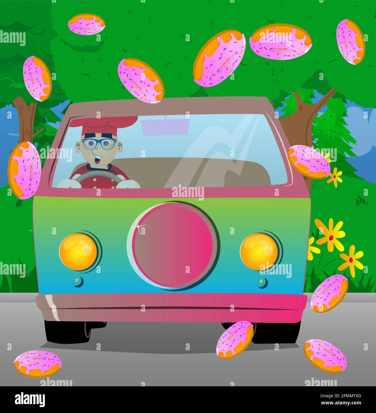 Fat male cartoon chef in uniform driving a van, holding a steering ...