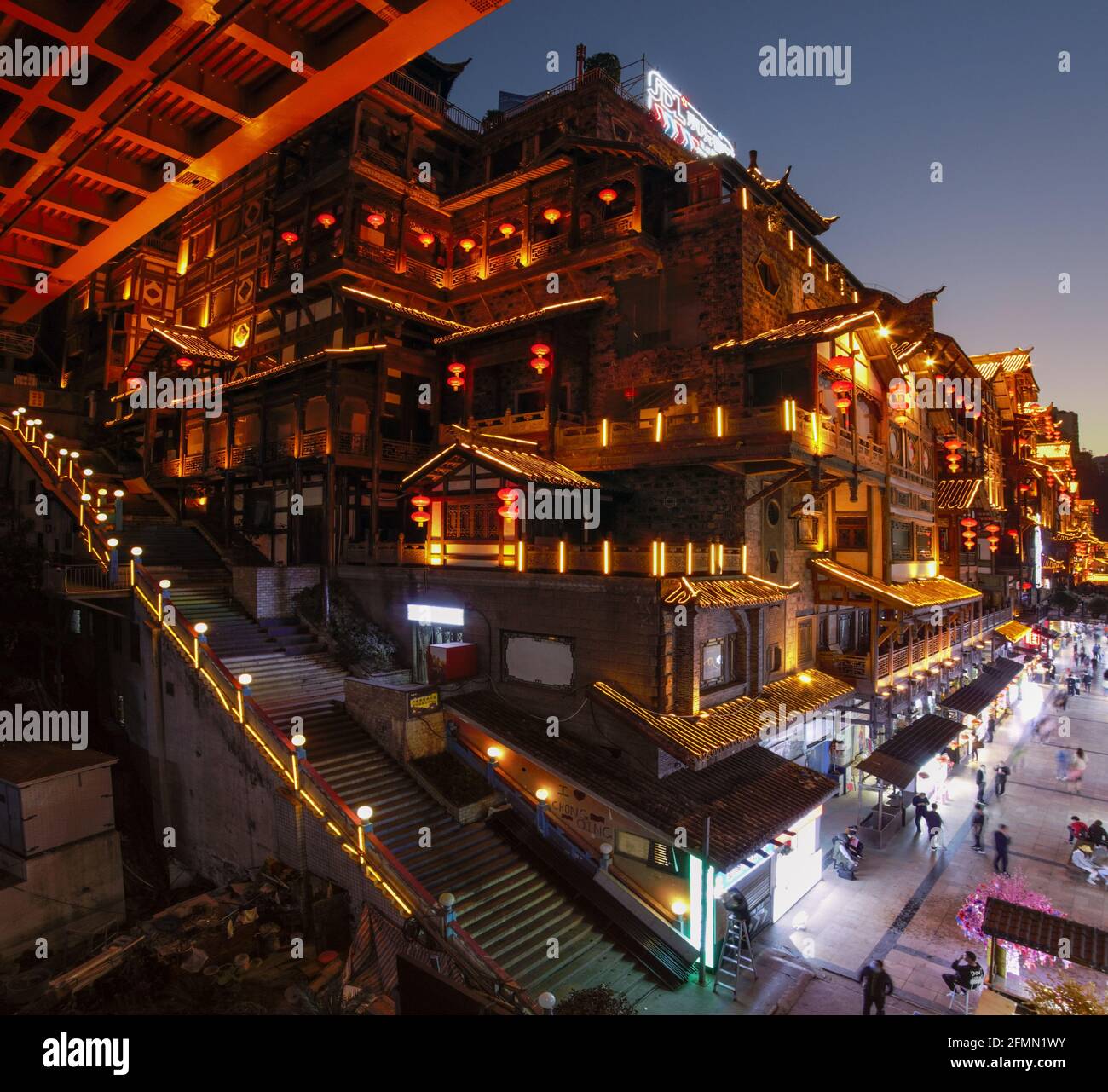 Aerial view of Hongyadong cave complex building in Chongqing, China ...