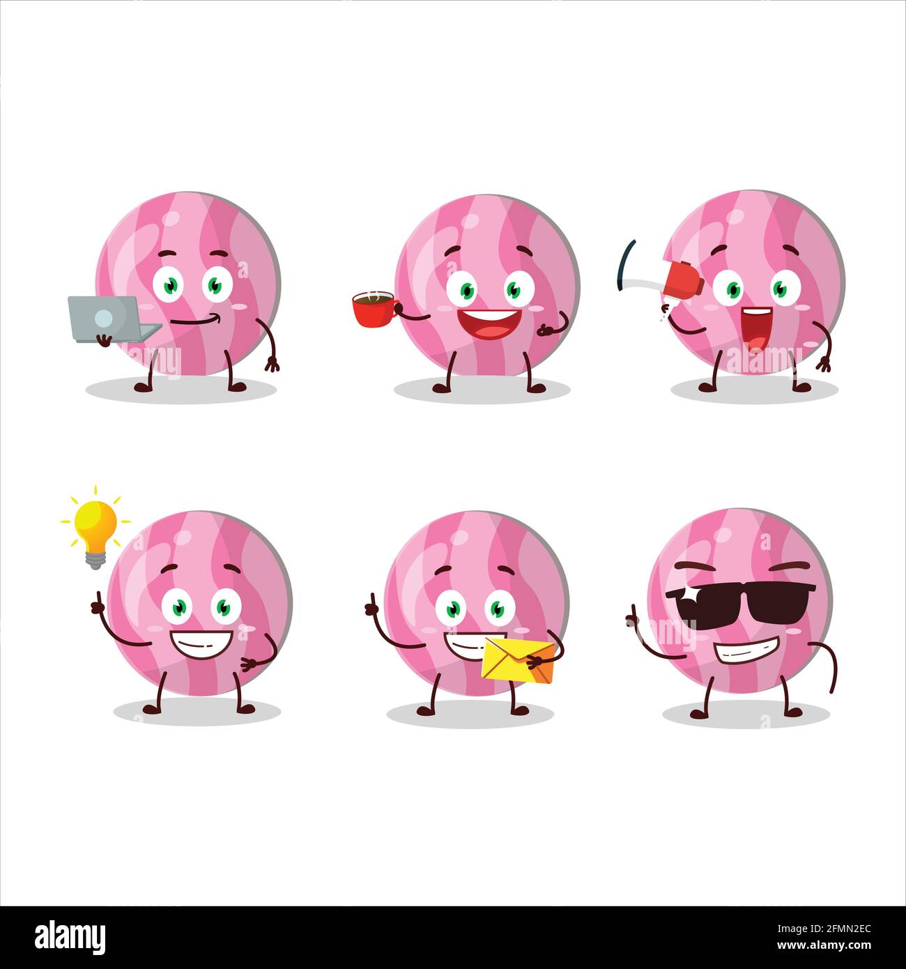 Pink candy cartoon character with various types of business emoticons ...