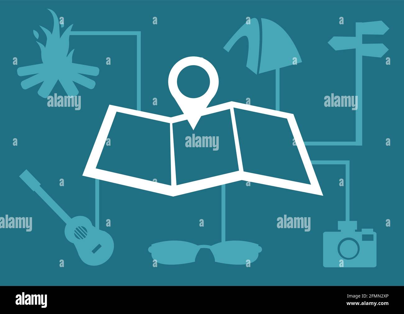 Vector illustration on camping concept with icons of campfire, tent ...