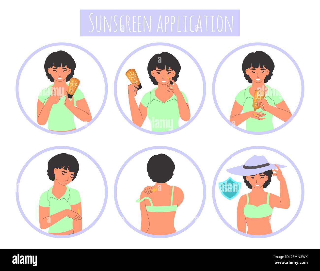 Sunscreen Application Steps Flat Vector Illustration Sunburn