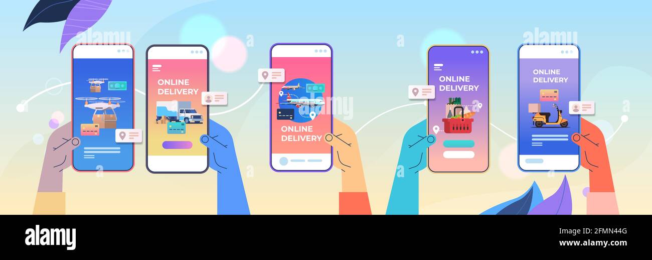 human hands using mobile app for ordering goods fast delivery service ...