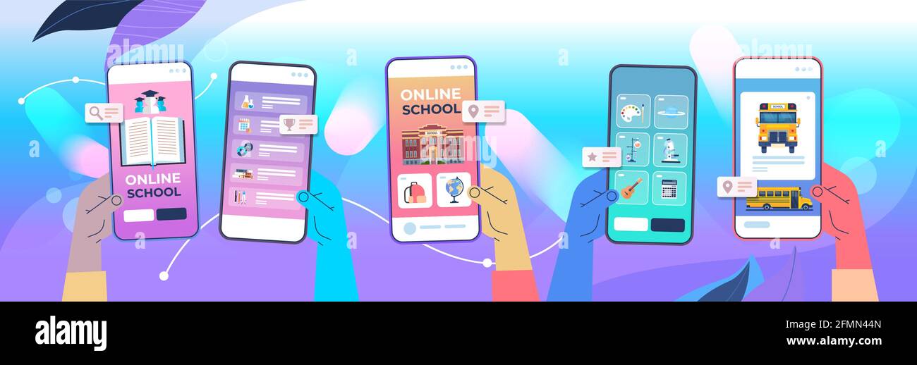 human hands using digital mobile app distance education online school e ...