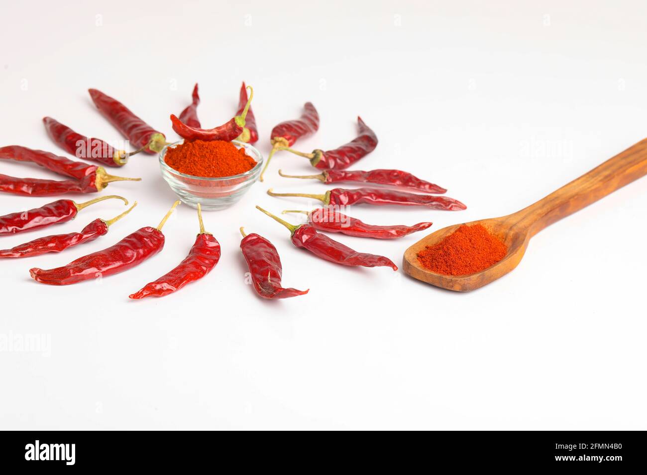 Dried red chilli and powder in glass bowl on white background Stock ...