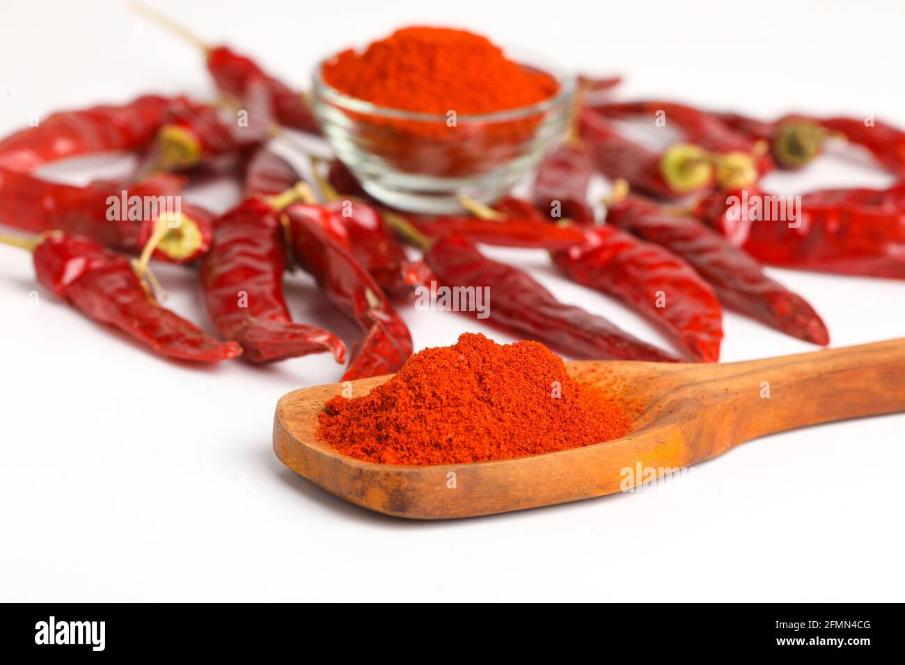 Dried red chilli and powder in glass bowl on white background Stock ...