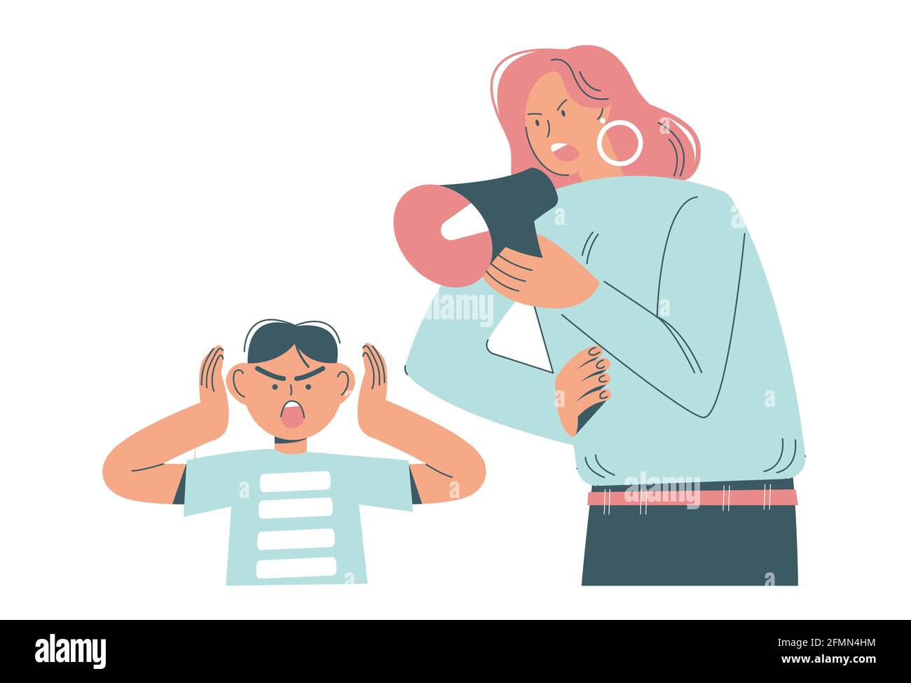 Angry Mother Screaming Through Megaphone Scolding His Son Flat Vector