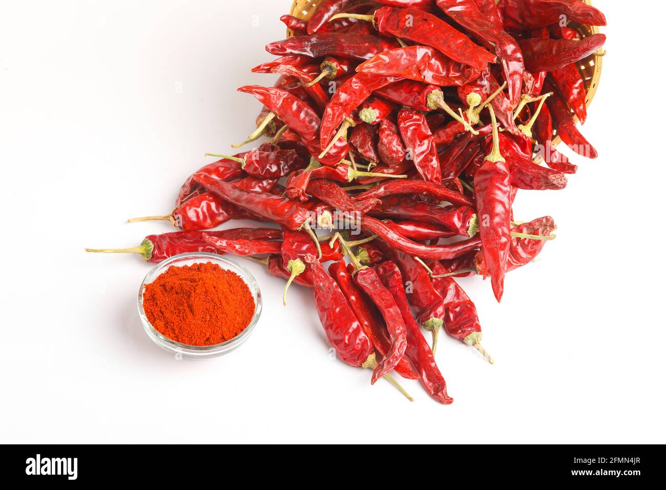 Dried red chilli and red chilli powder in glass bowl and wooden spoon ...