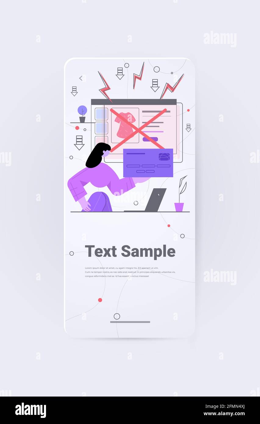 sad customer holding credit card red cross checkmark transaction failed ...