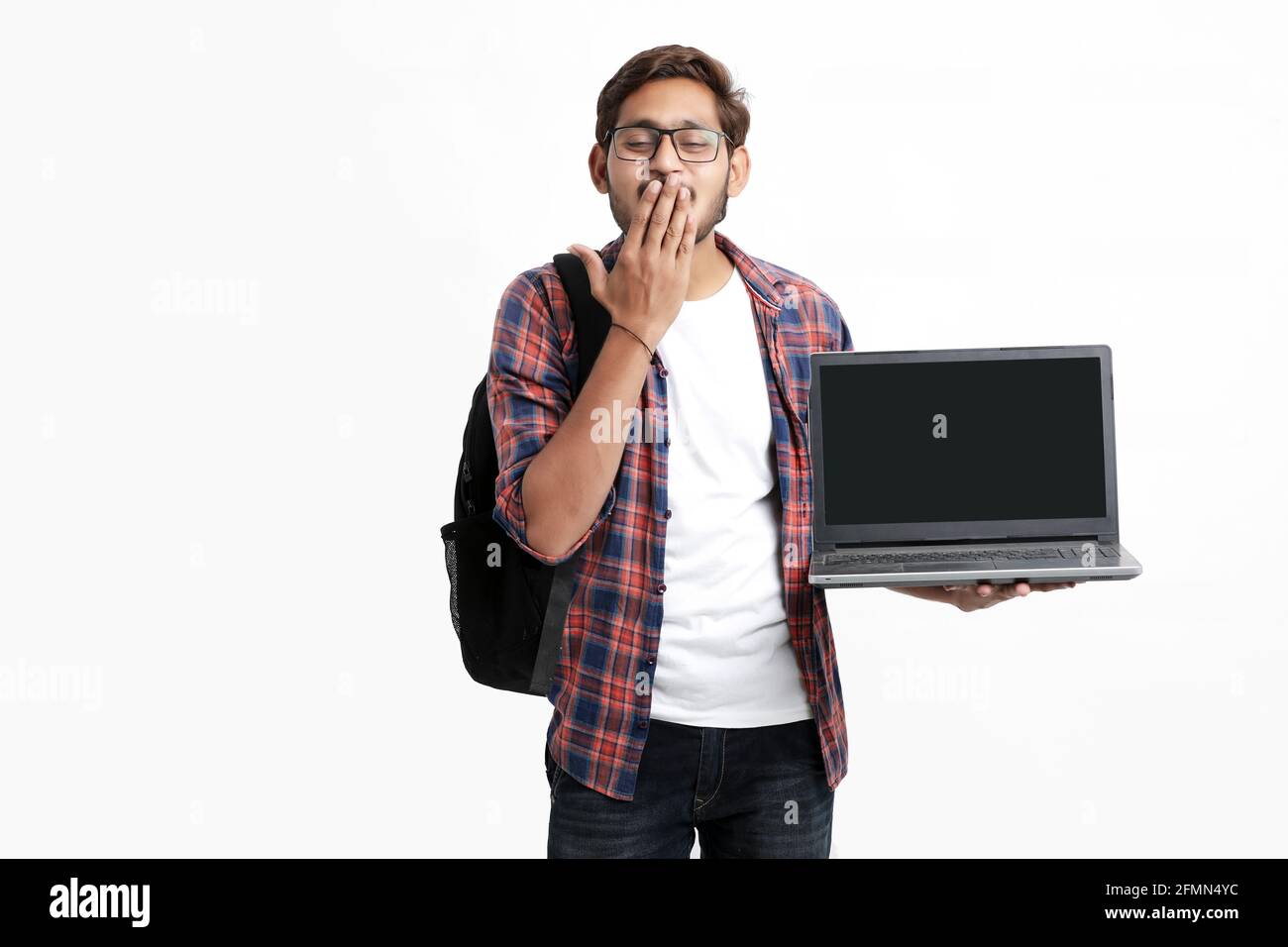 Indian college student showing laptop screen on white background Stock ...