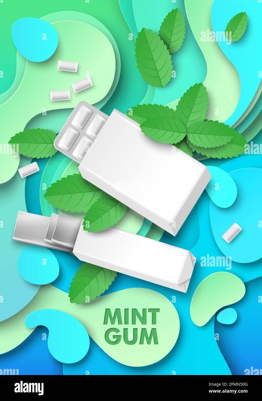 Mint chewing gum ads template, vector illustration. Pad and slab bubble ...