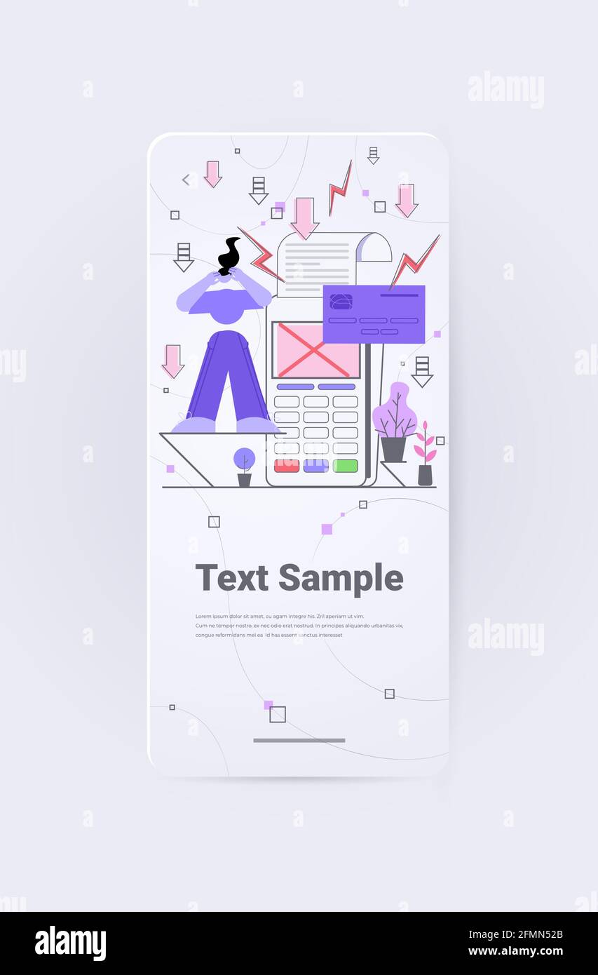 sad customer holding credit card near payment terminal with red cross ...