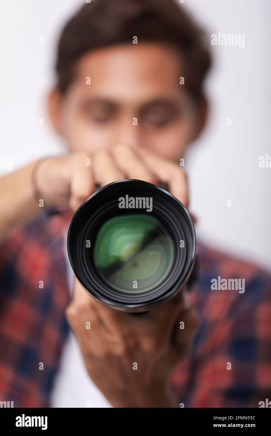 Photographer With Camera on white background Stock Photo - Alamy