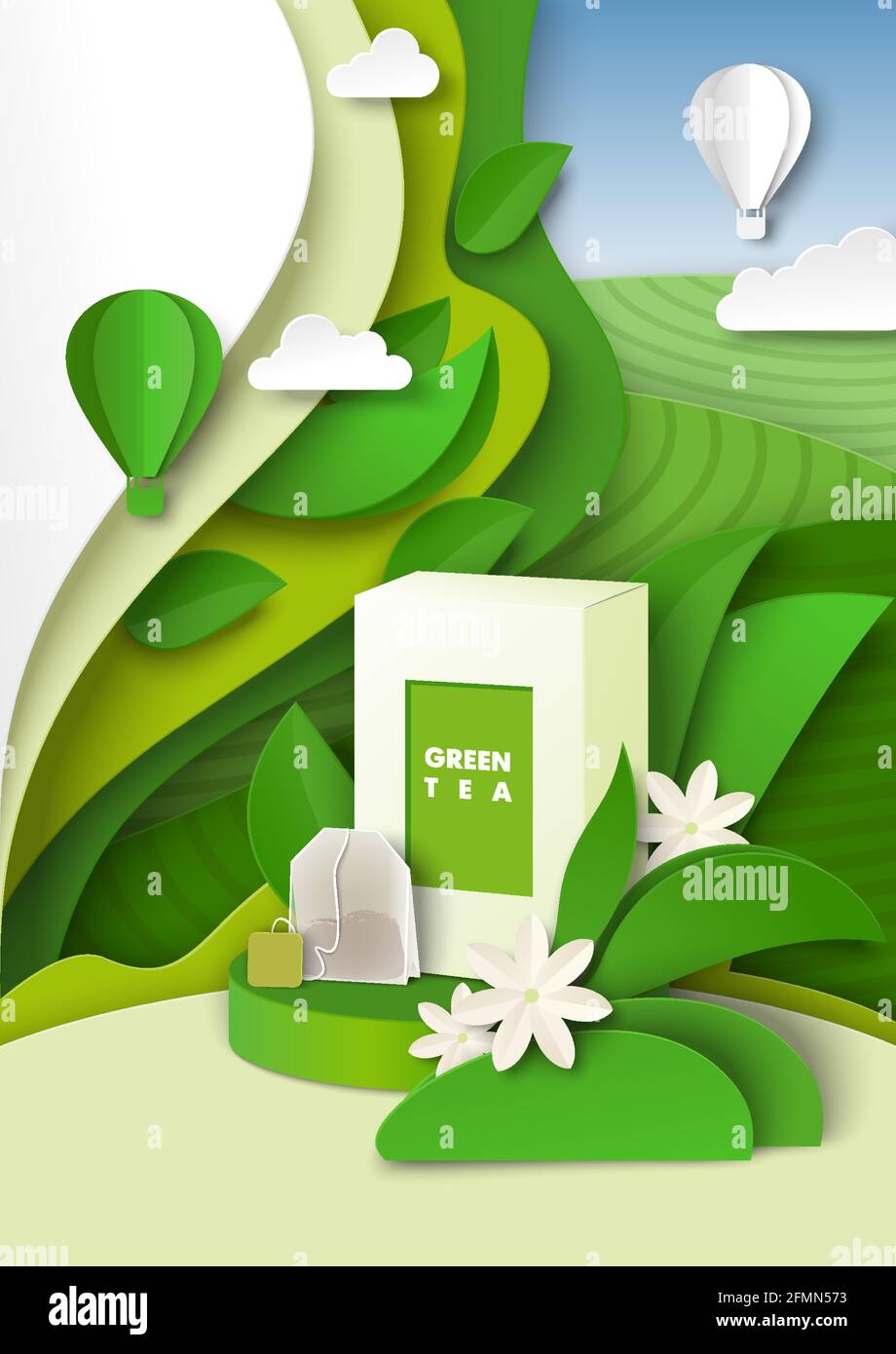 Green tea ads template, vector illustration. Herbal tea packaging box ...