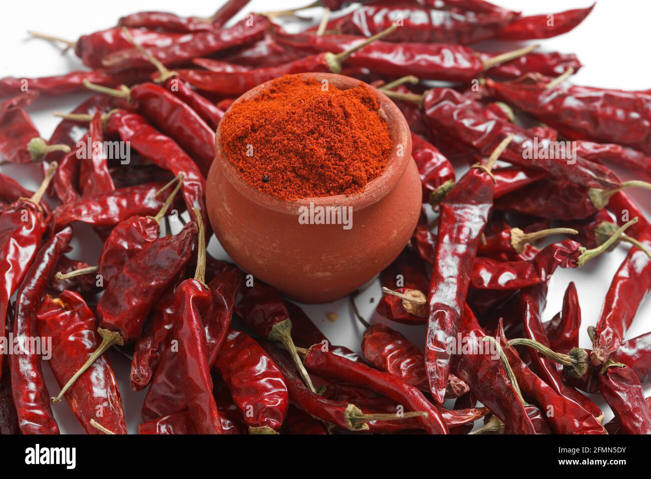 Red chilli powder with dried red chillies. in earthen bowl Stock Photo ...