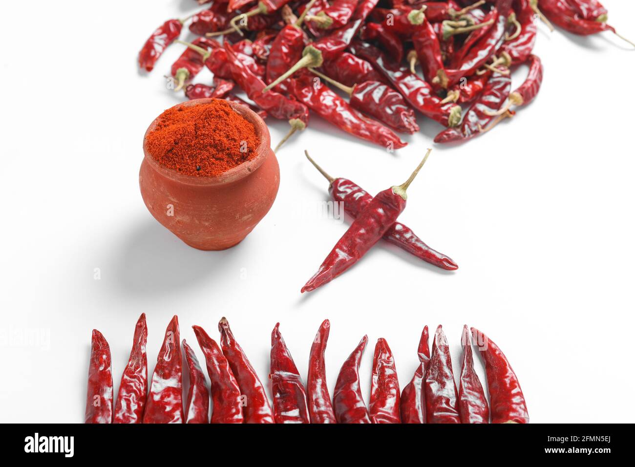 Red chilli powder with dried red chillies. in earthen bowl Stock Photo ...