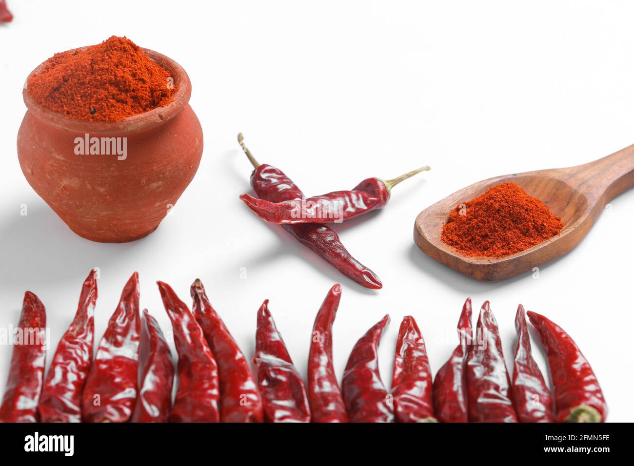 Red chilli powder with dried red chillies. in earthen bowl Stock Photo ...