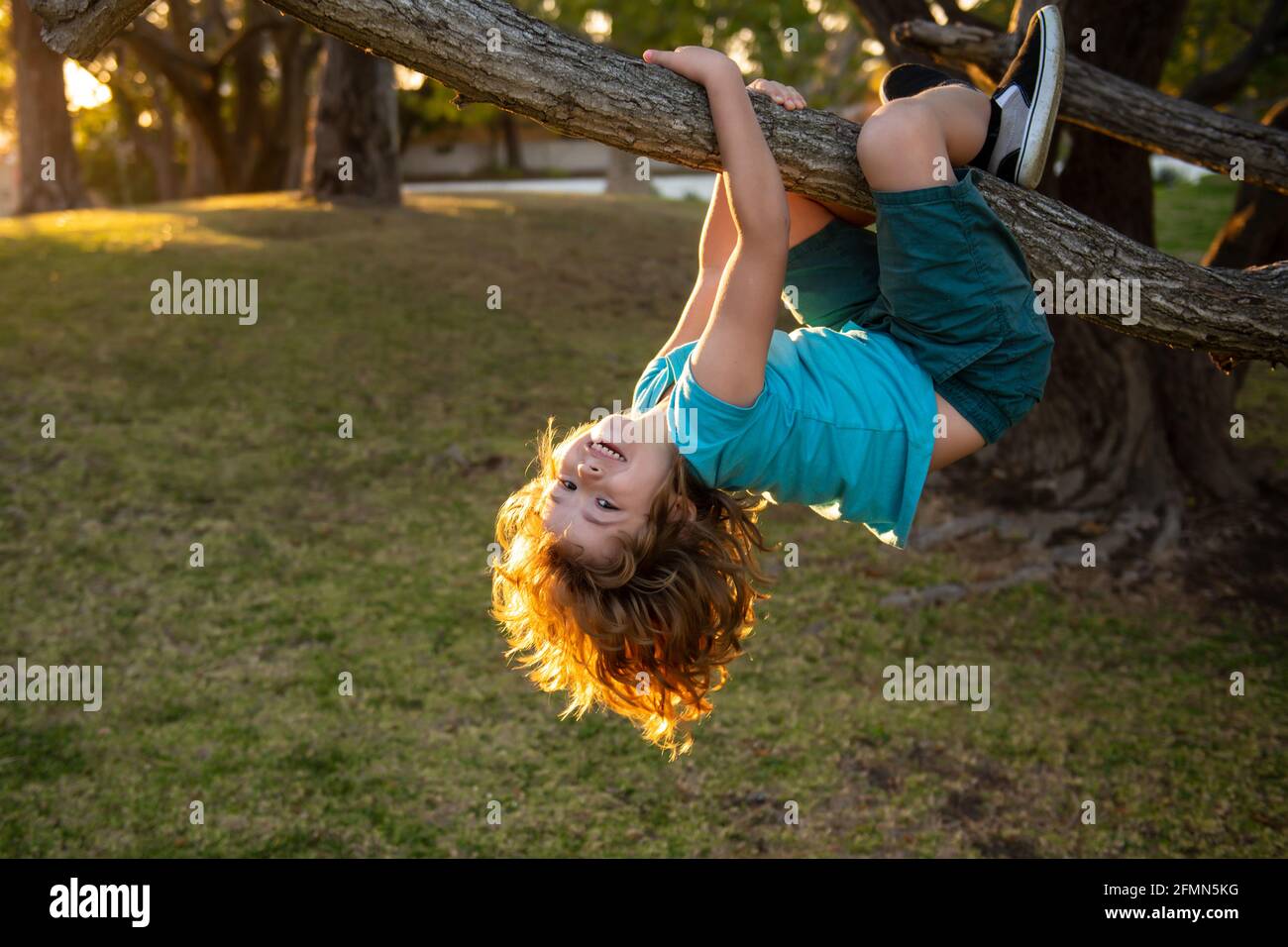 Child hanging upside down tree hi-res stock photography and images - Alamy
