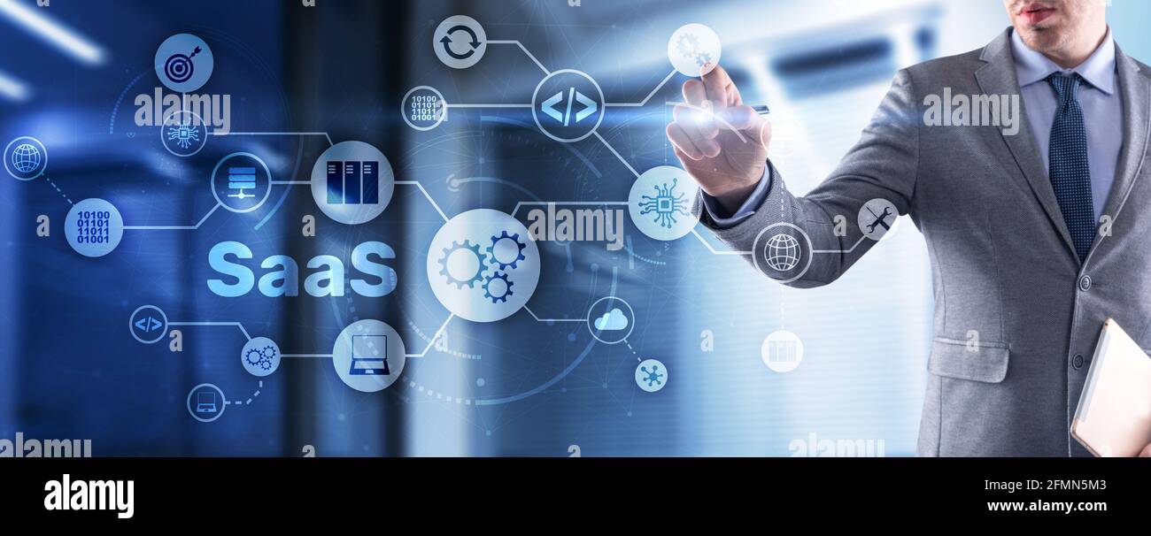SaaS Software as a Service concept with man hand pressing text Stock Photo - Alamy