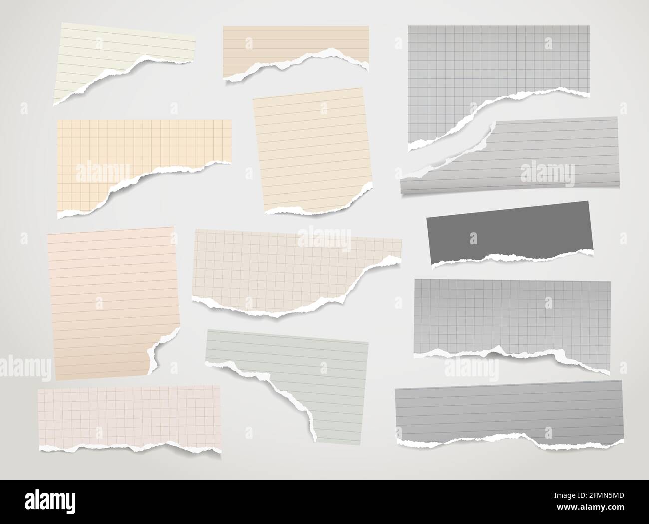 Set of torn yellow paper stripes and note, notebook sheet stuck on ...