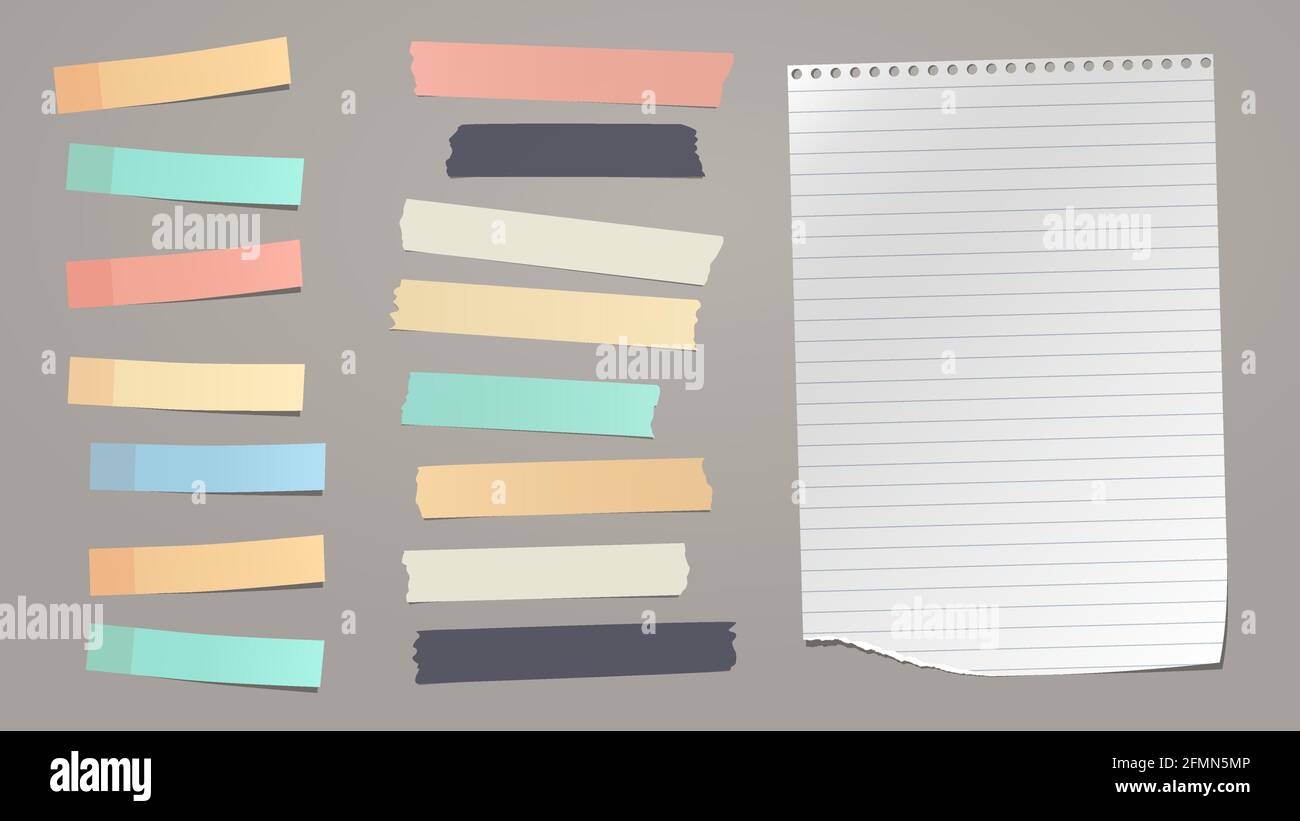 Set of colorful note paper, adhesive tape stripes, with torn notebook ...
