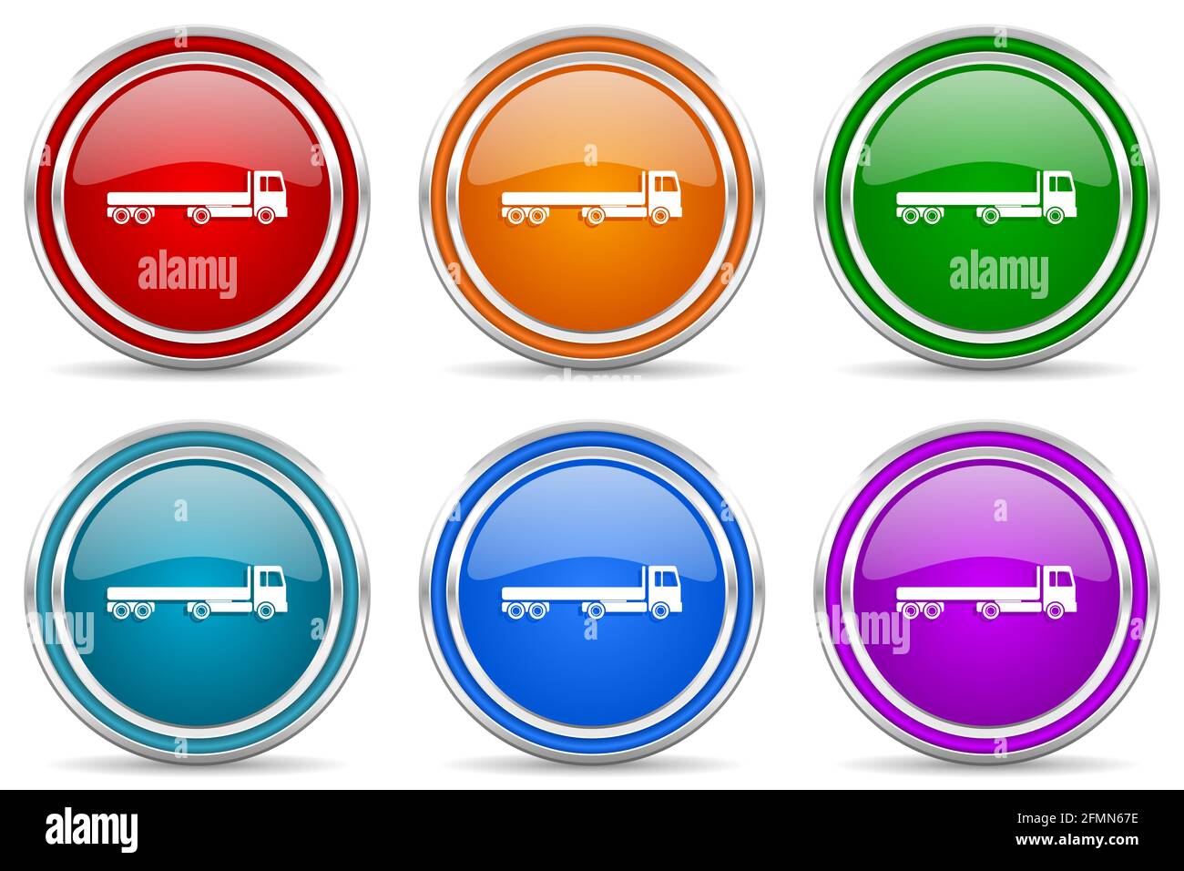 Truck with long semi trailer, transport silver metallic glossy icons ...