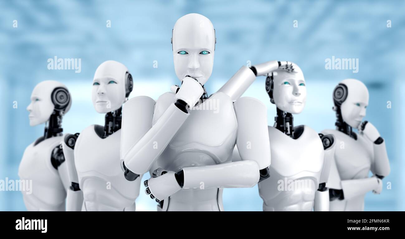 3D illustration of robot humanoid group in concept of future artificial ...