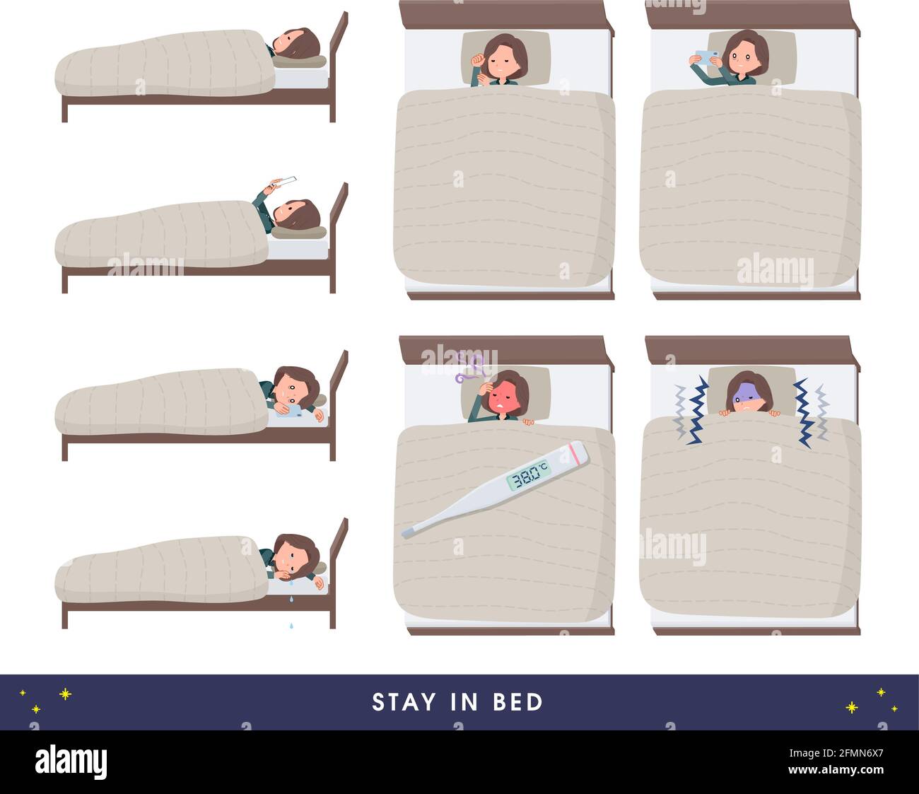 A set of middle-aged women in tunic staying in bed.It's vector art so ...