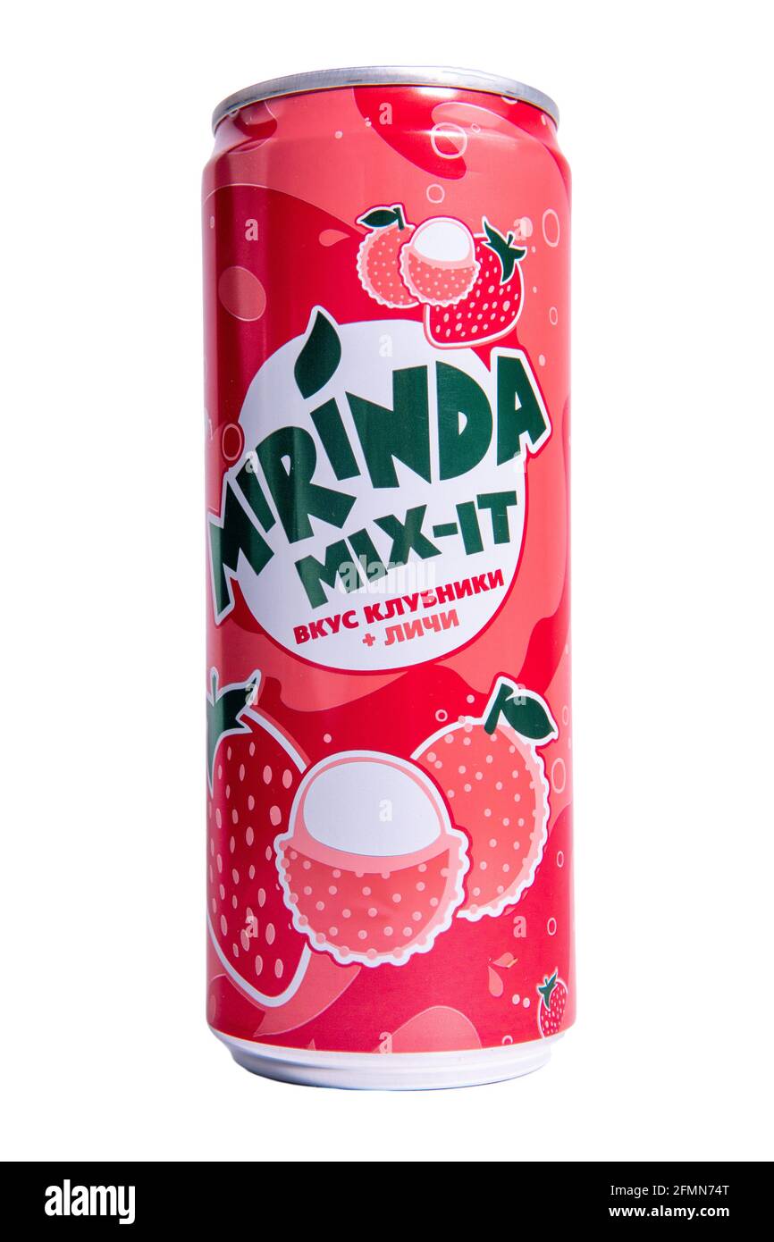 Tyumen, Russia-april 26, 2021: Mirinda drink mix with strawberry and ...