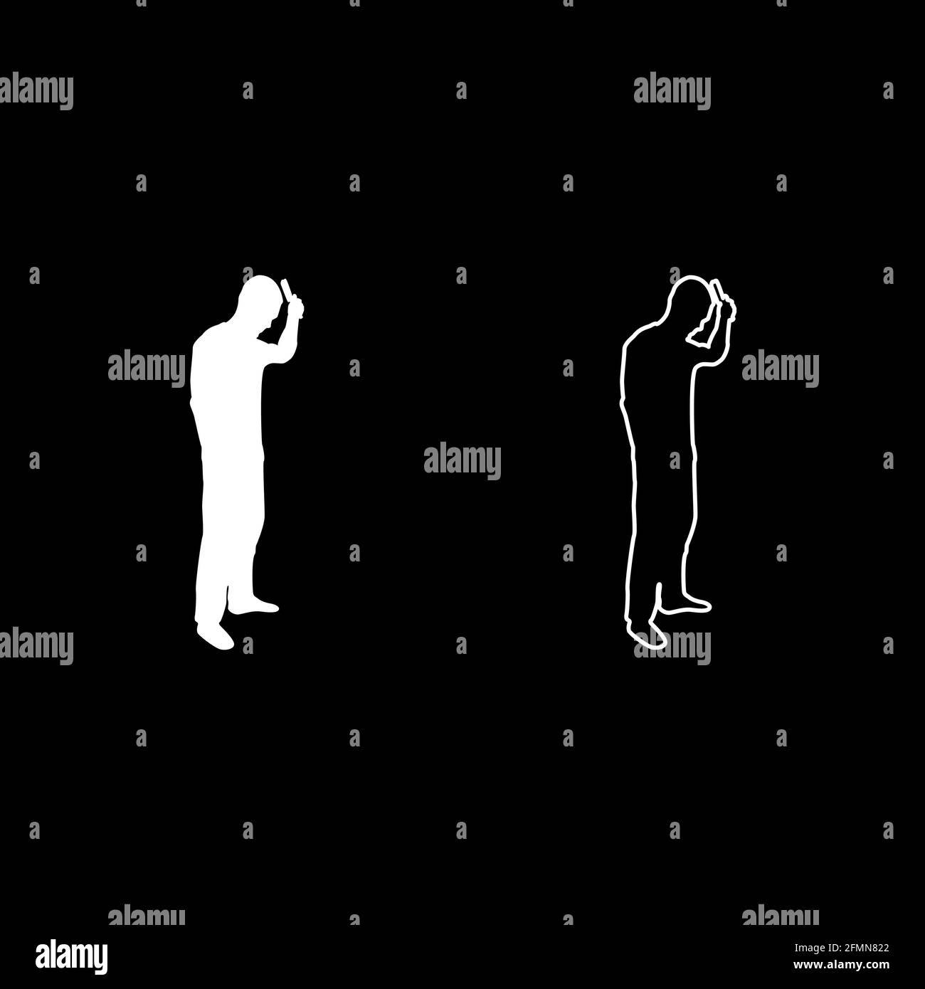 Man is combing hair use hairbrush Side view silhouette white color ...