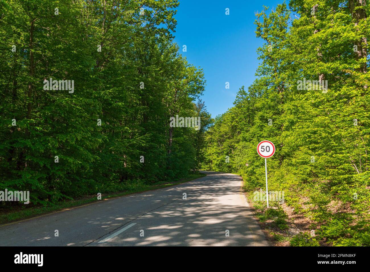 Speed limit sign on forest road Stock Photo - Alamy
