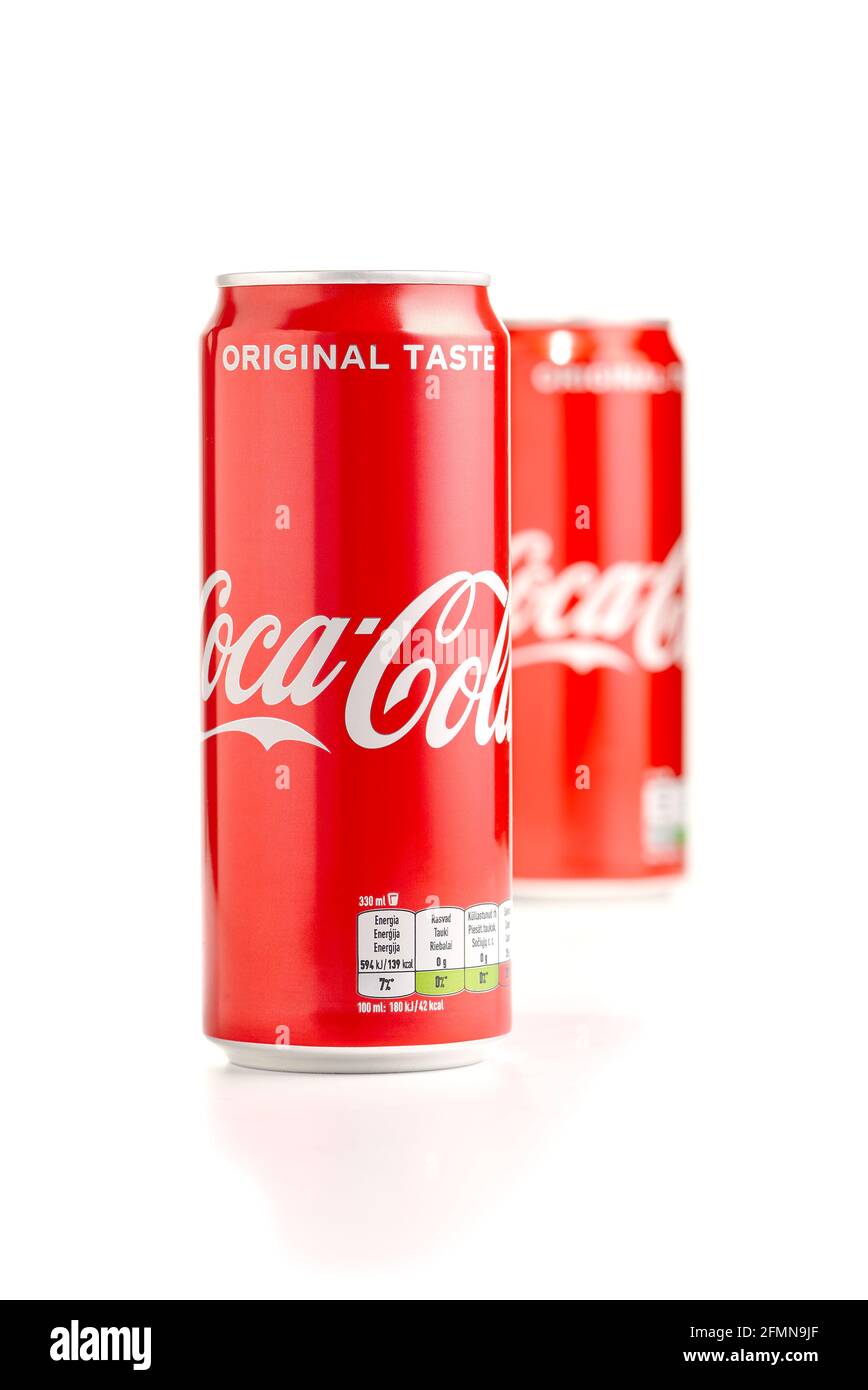 Tallinn, Estonia - 10.05.2021: Closeup of two aluminum red can of Coca ...