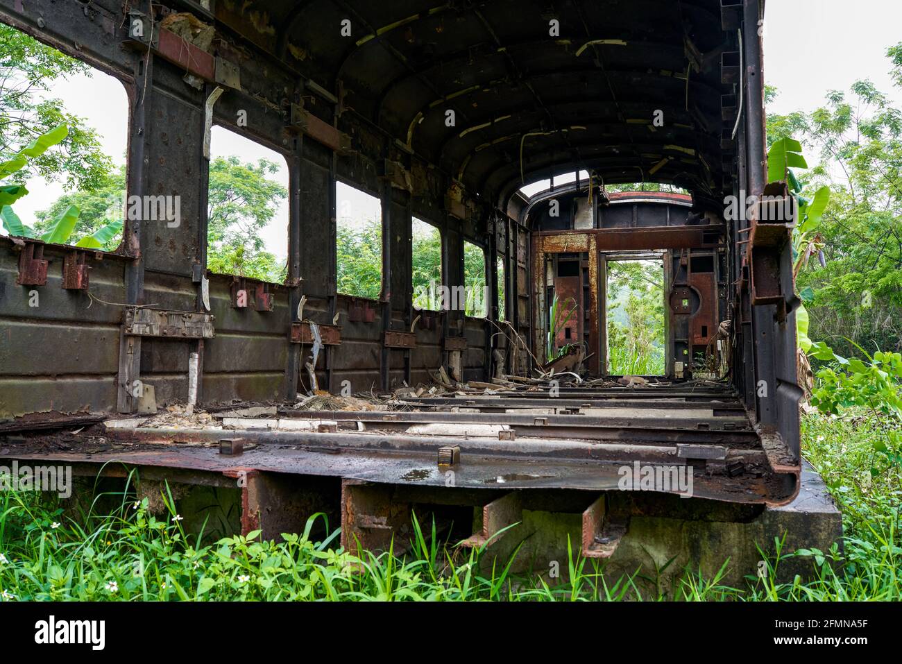 A batch of rusty train carriages abandoned in the forest Stock Photo ...