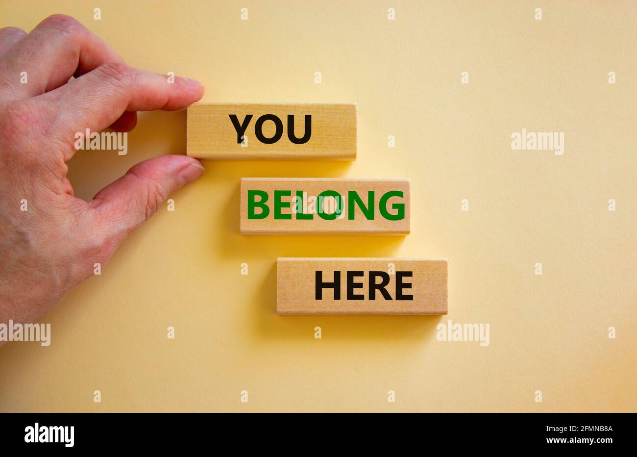 You belong here symbol. Wooden blocks with words 'You belong here' on ...