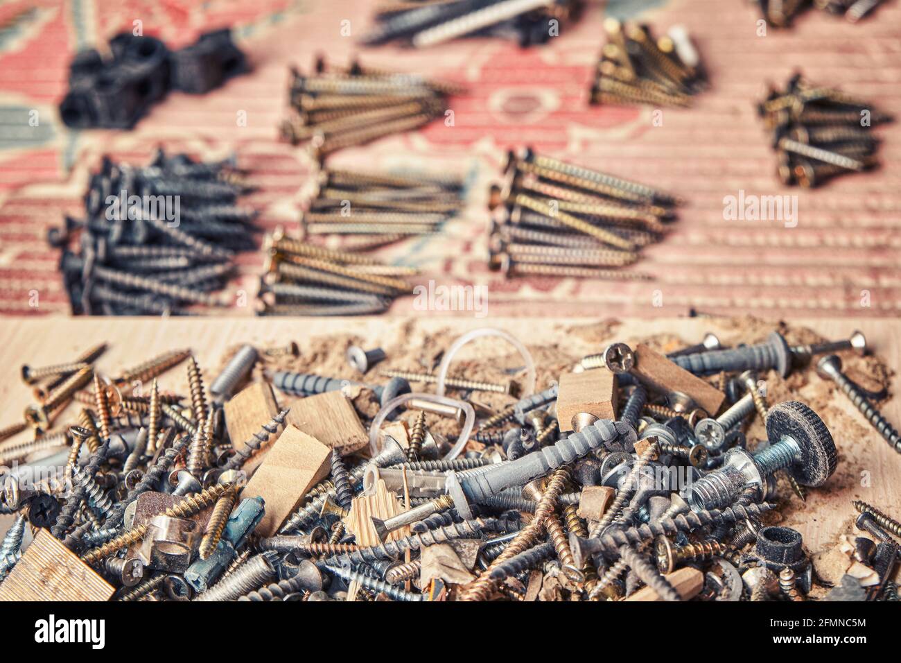 Woodwork garbage of shavings anchors and nails and sorted different ...