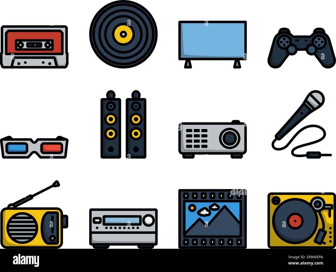 Multimedia Icon Set. Editable Bold Outline With Color Fill Design ...