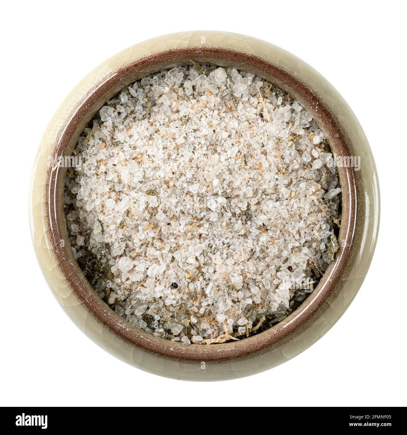 top view of adyghe seasoned salt in ceramic bowl cutout on white ...