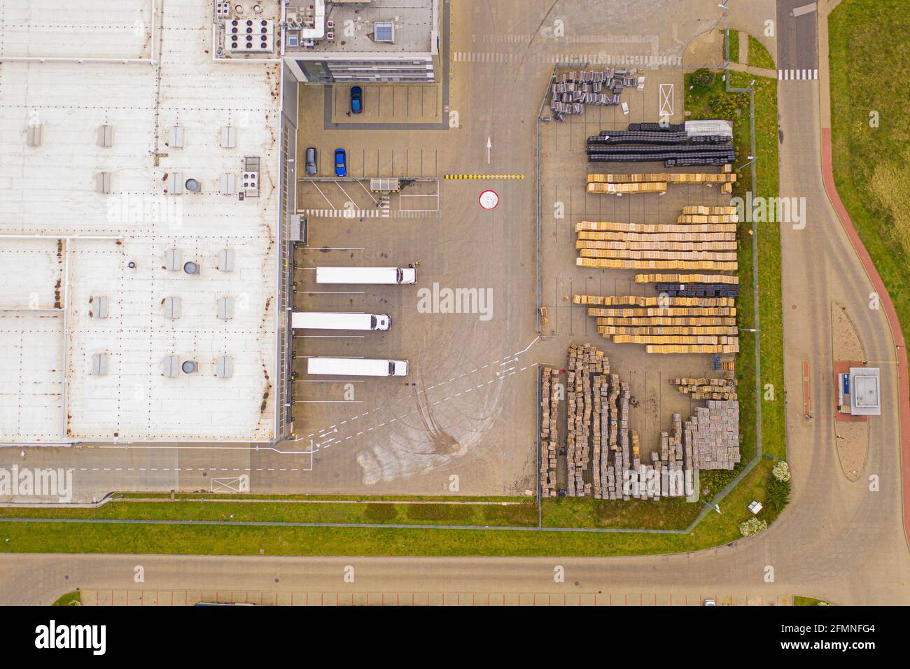 Aerial view of goods warehouse. Logistics delivery; center in ...