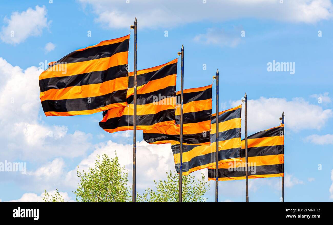 St. George flags of victory waving in the wind against the background ...