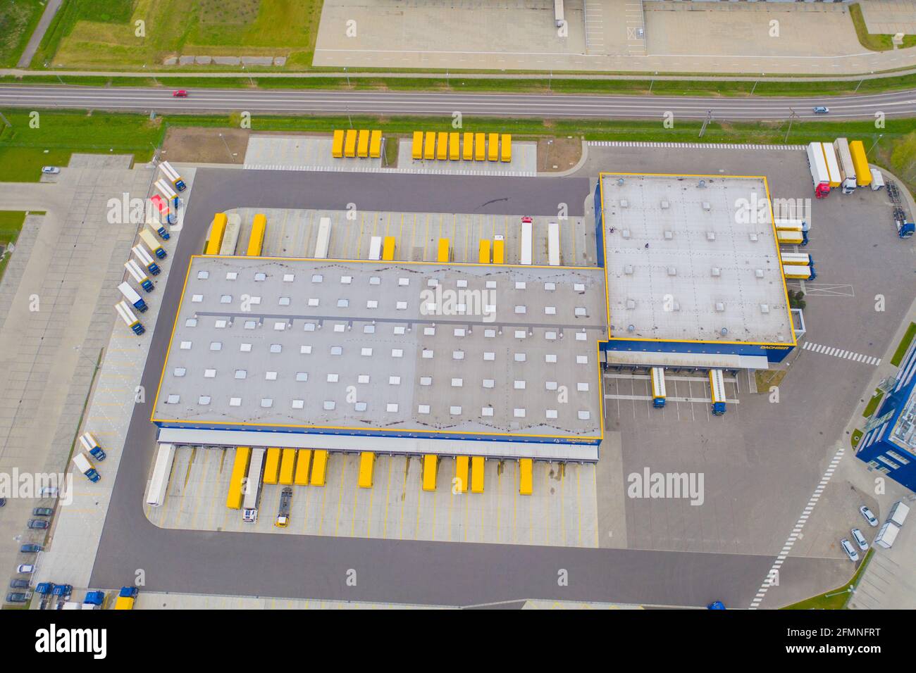Aerial view of goods warehouse. Logistics delivery; center in ...