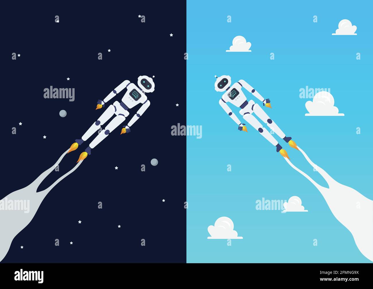 Android robots flying on day and night sky. Vector Illustration Stock ...