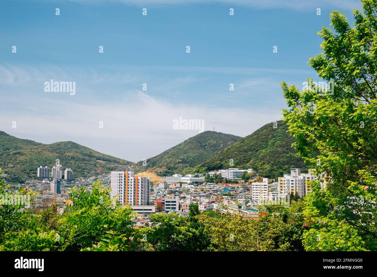 View of Yeosu city and mountains from Jasan Park in Yeosu, Korea Stock ...