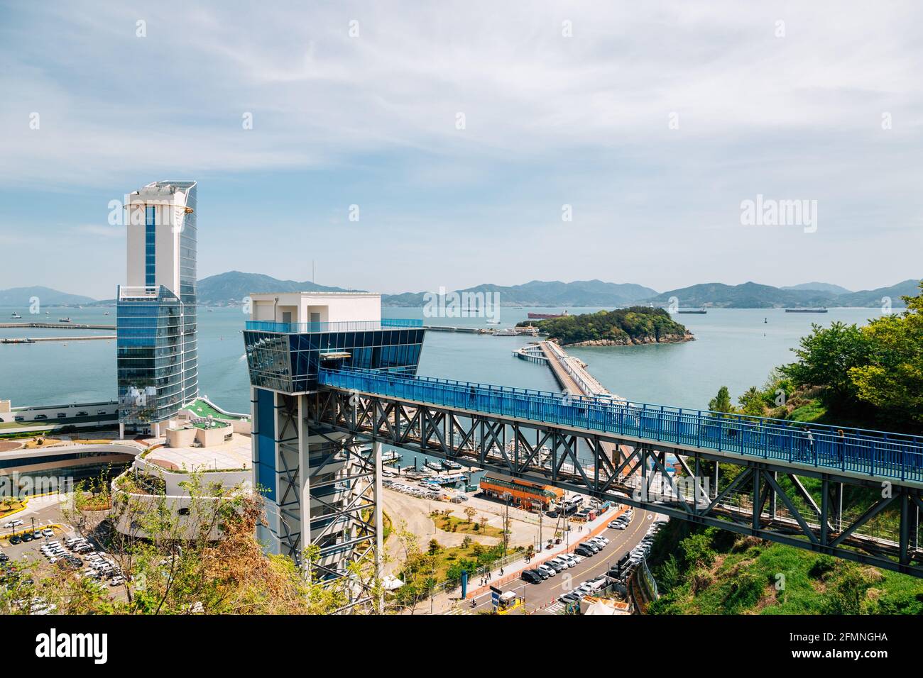 Panoramic view of Yeosu port and Odongdo Island and sea from Jasan Park ...