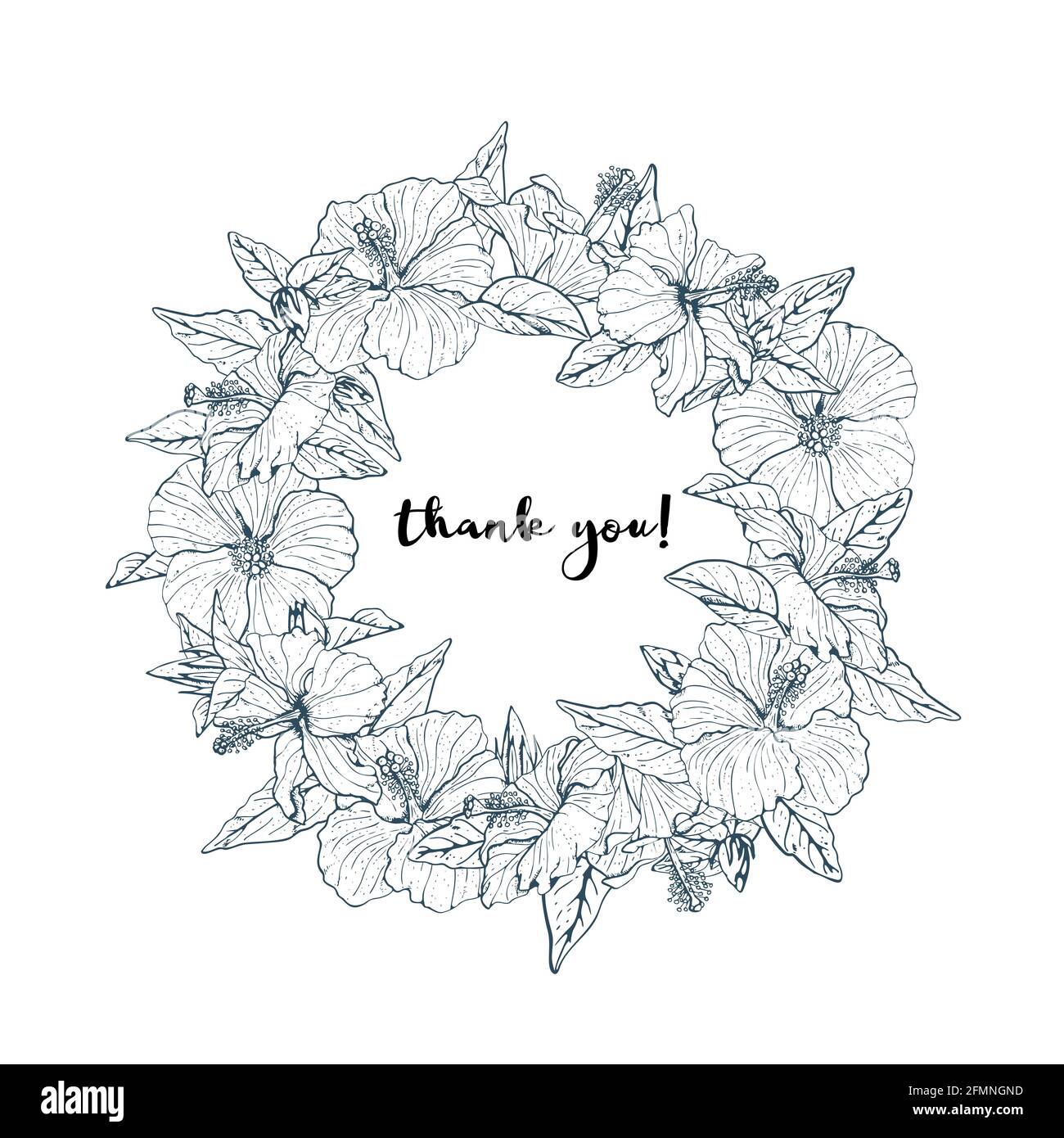 Vintage Line art hibiscus flower wreath with dark blue outline isolated ...