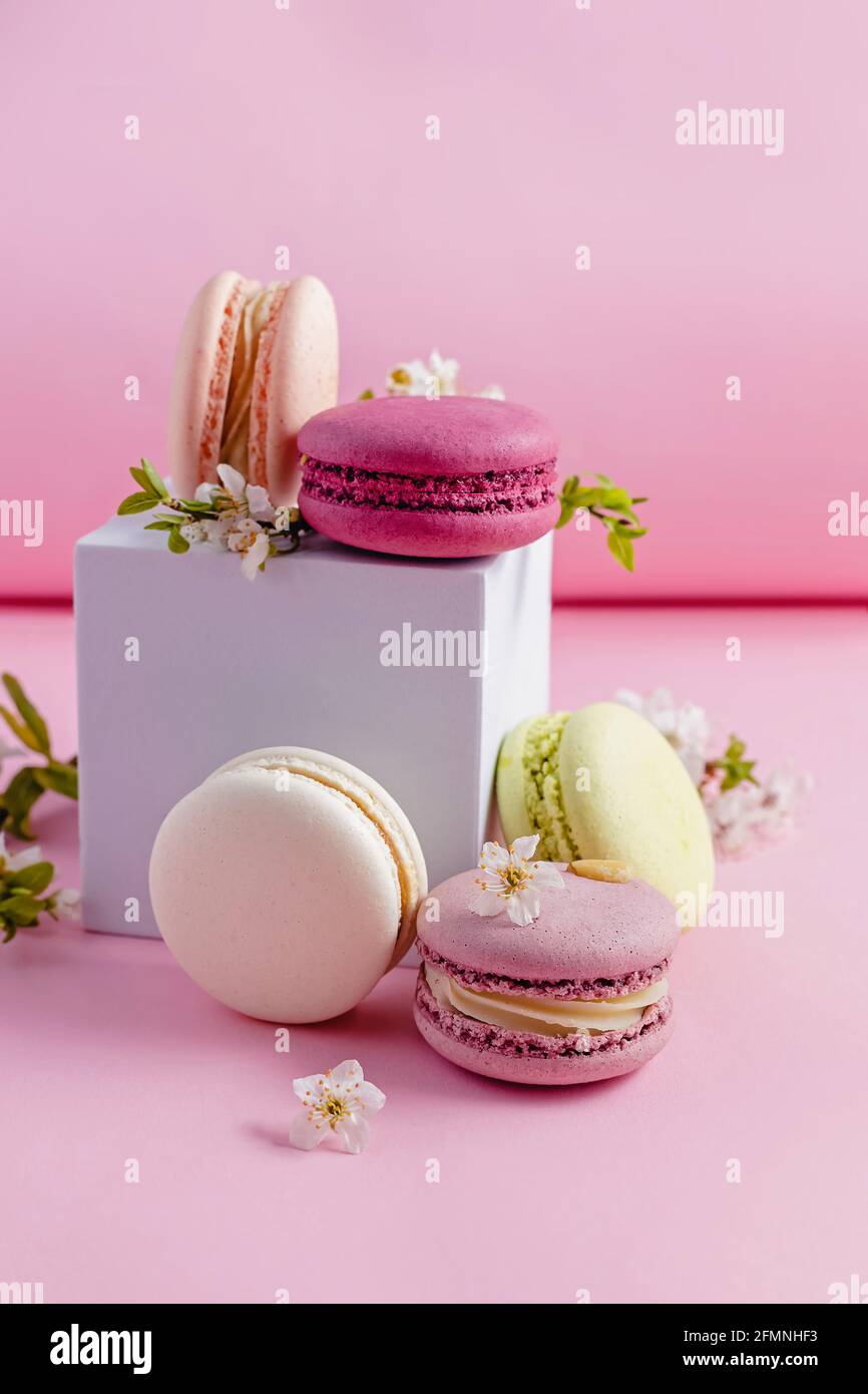 Still life composition with macarons and blooming tree branches Stock ...