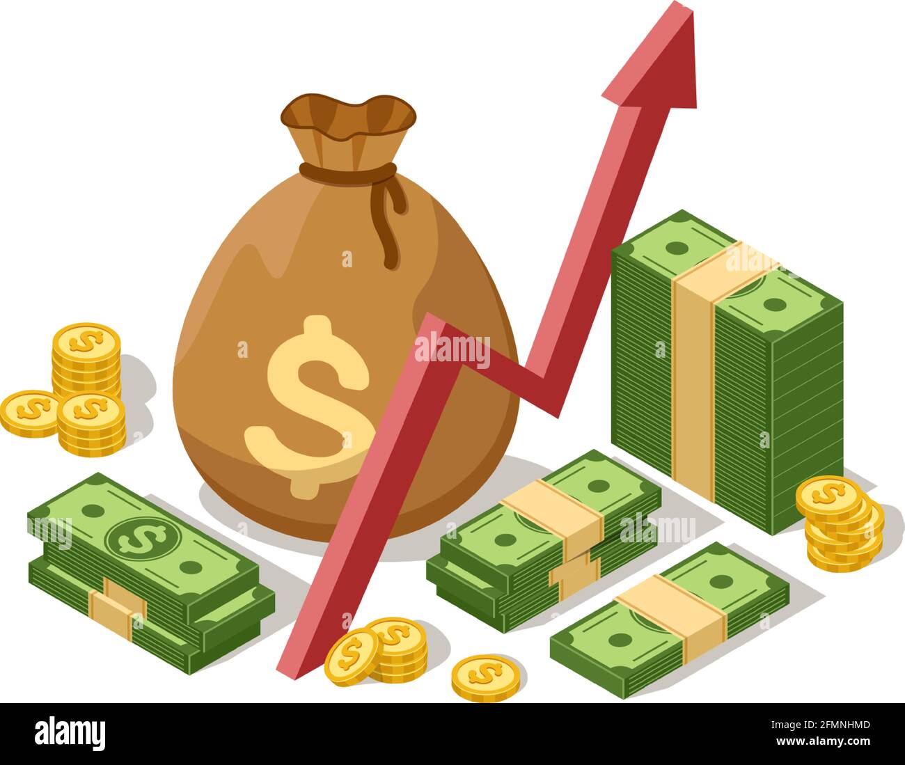 Money investment concept. Isometric growth graph, cash bag with gold ...