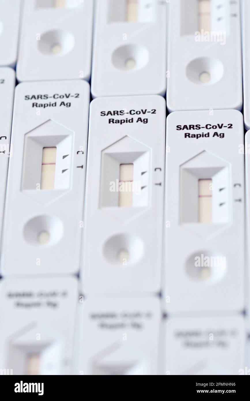 Corona Rapid antigen test kit mosaic surface white macro close-up ...