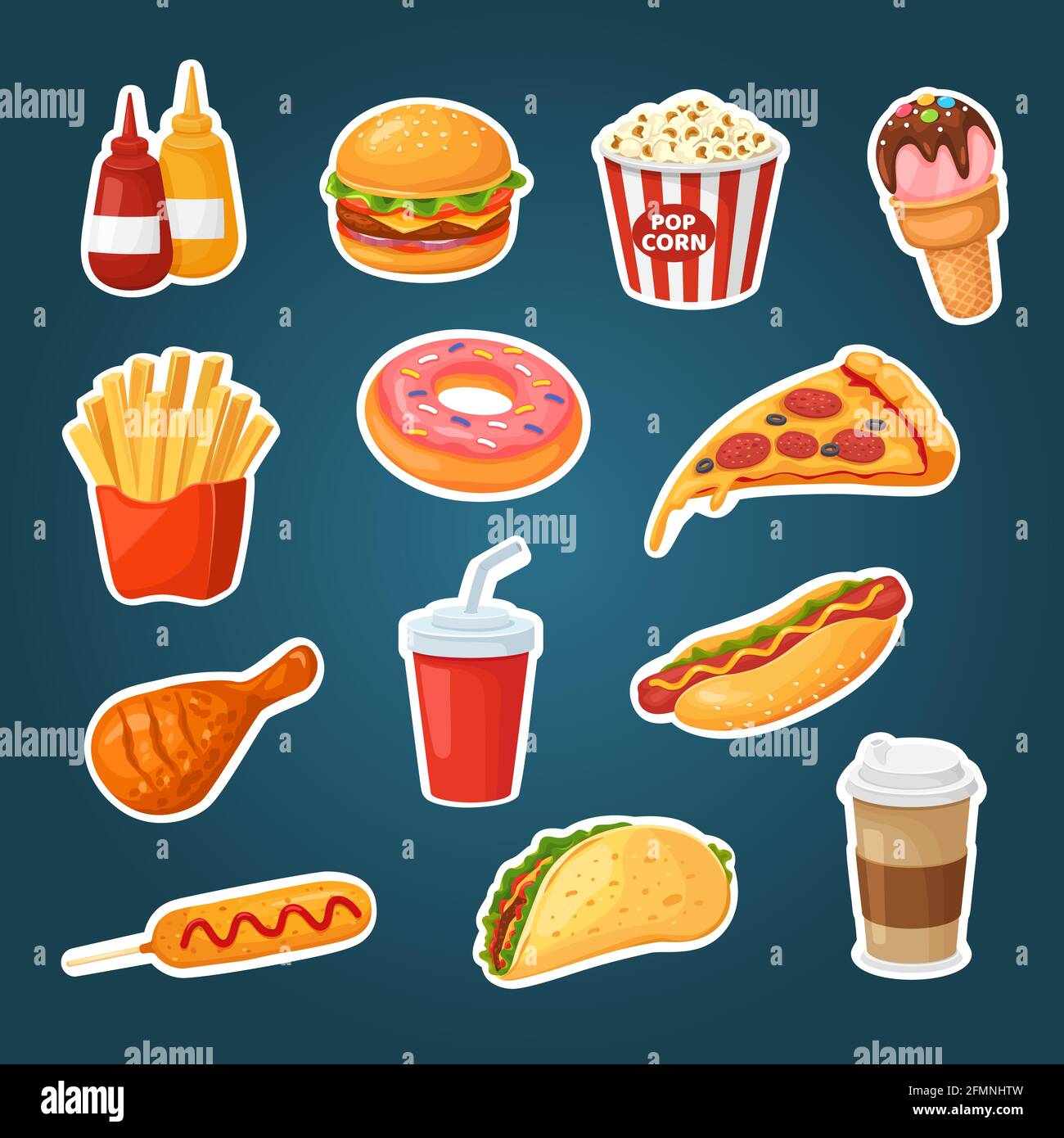 Fast food stickers. Burger, popcorn and fries, hot dog. Ketchup ...