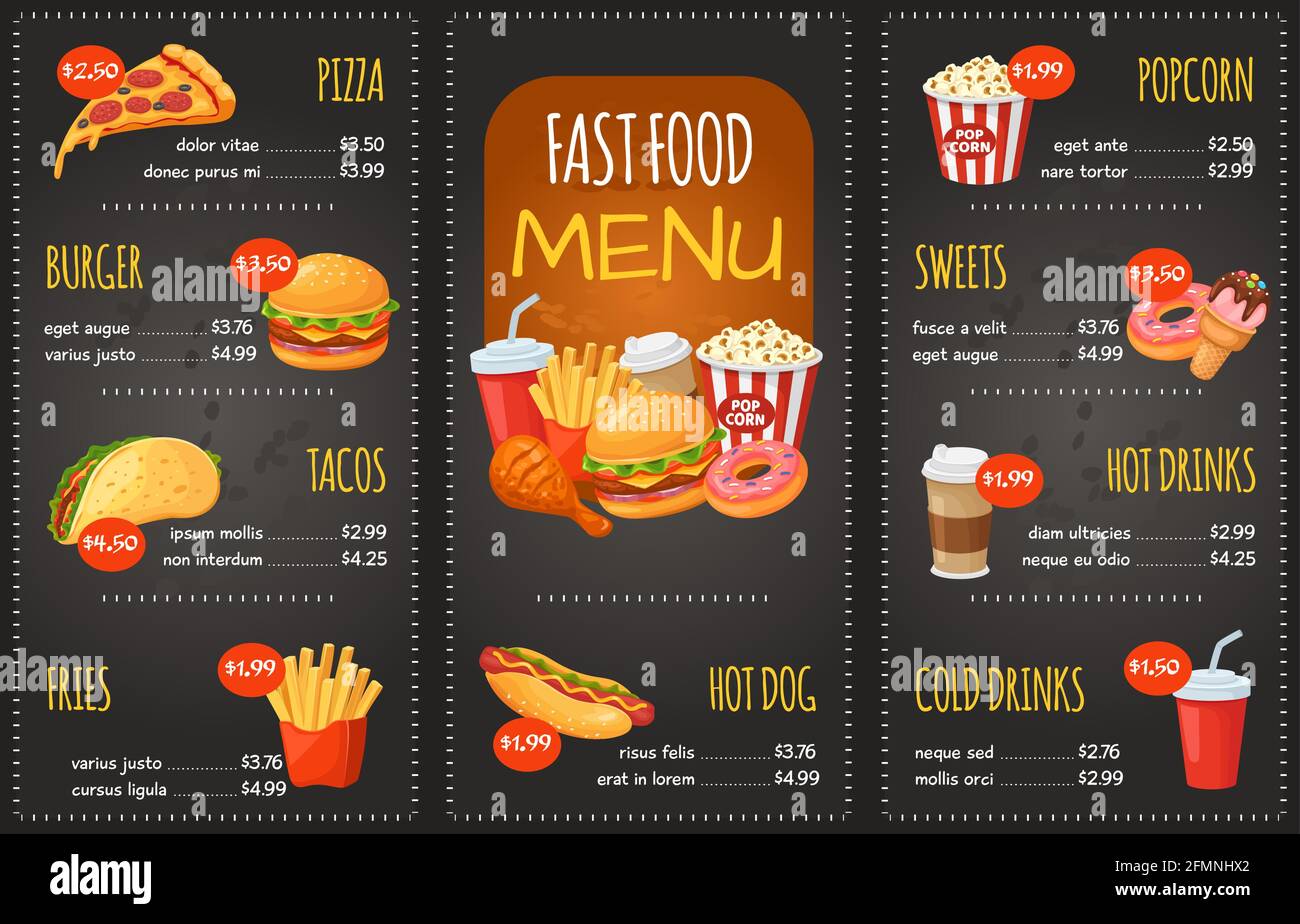 Fast food menu. Pizza, burger and tacos, fries. Hot dog, sweets and ...