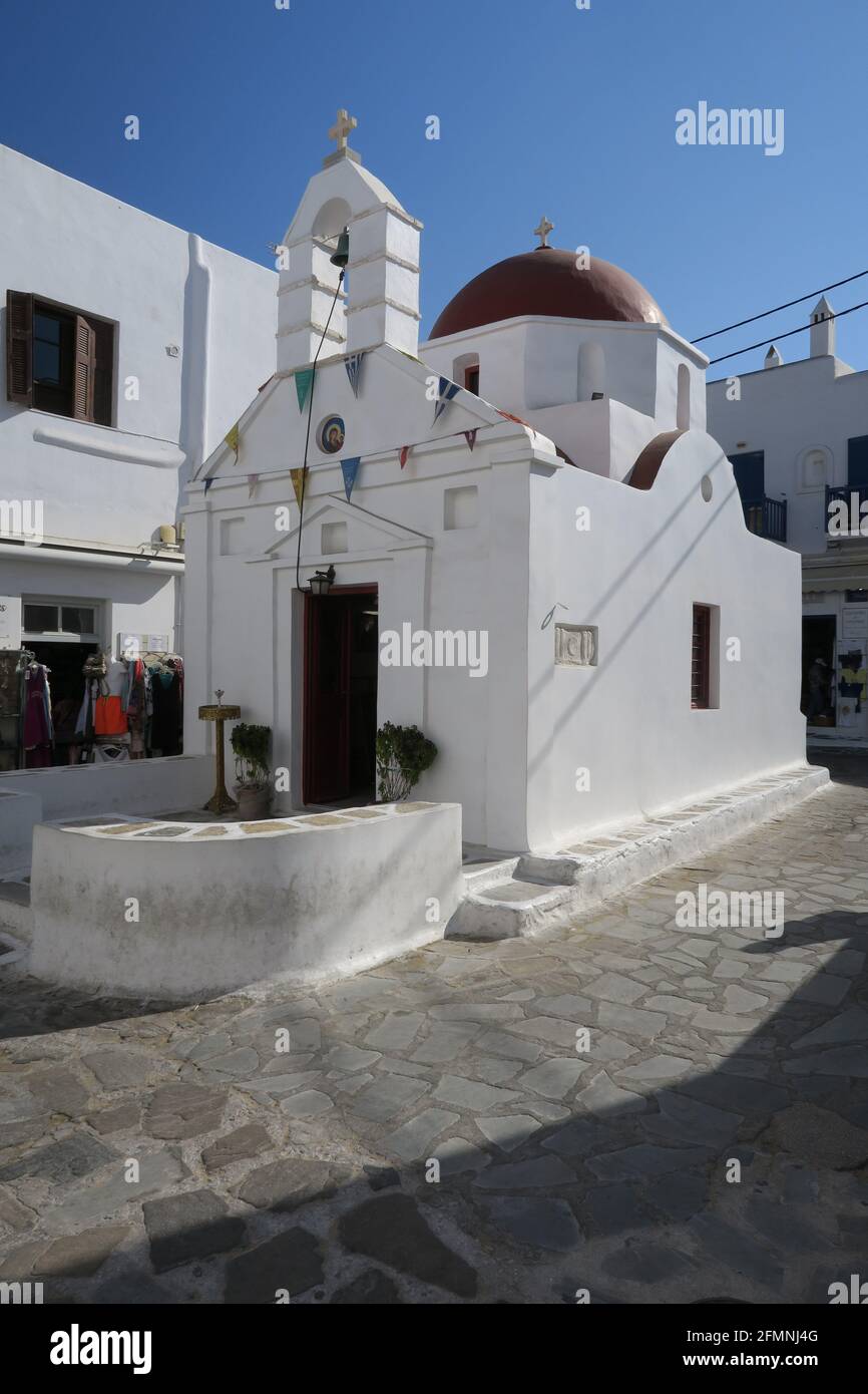 Mykonos, Greece. The tiny white washed building and narrow streets ...