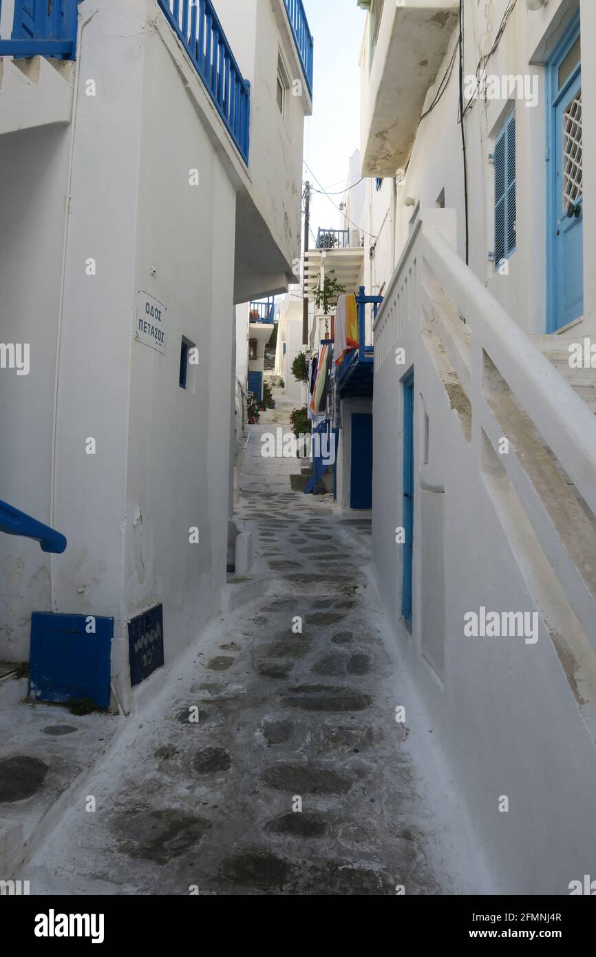 Mykonos, Greece. The tiny white washed building and narrow streets ...